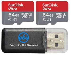 sandisk ultra micro sdxc micro sd uhs-1 tf memory card 64gb 64g (two pack 64gb x2 =128gb) class 10 w/ (1) everything but stromboli memory card reader