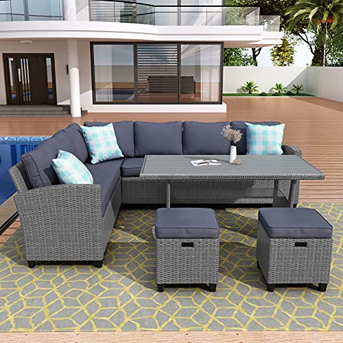 Acquire 5 Pcs Outdoor Conversation Set Patio Furniture Set All Weather Wicker Sectional Couch Sofa Dining Table Chair w/Ottoman&Pillow (Color : B)