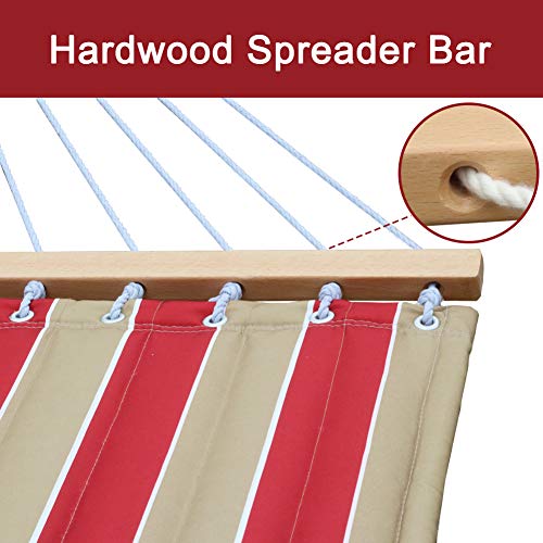 Prime Garden Quilted Fabric Hammock with Pillow, Heavy Duty Hammock with Hardwood Spreader Bars, 2 People Double Hammock for Outdoor Outside Patio Backyard Poolside Beach (Cherry Stripe)