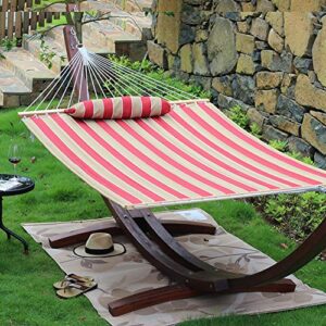 Prime Garden Quilted Fabric Hammock with Pillow, Heavy Duty Hammock with Hardwood Spreader Bars, 2 People Double Hammock for Outdoor Outside Patio Backyard Poolside Beach (Cherry Stripe)