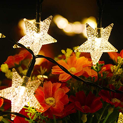 PACJOY Solar Star Twinkle String Lights, 23FT 50LED 8 Modes Solar Powered Fairy Decorative Light Waterproof Lights for Gardens, Lawn Patio, Indoor Decoration, Xmas, Wedding, Holiday (Warm White)