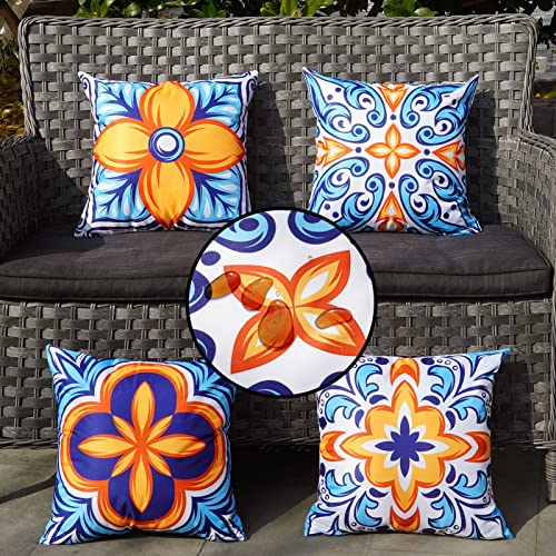 ONWAY Outdoor Pillow Covers Waterproof 16x16 Set of 4 Floral Boho Decorative Throw Cushion Cover Farmhouse Pillows for Bench Couch Patio Furniture