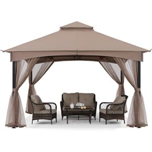 mastercanopy tool free patio gazebo screw free easy installation outdoor garden gazebo with netting walls (11×11,khaki)