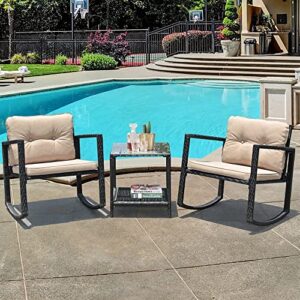 acquire 3 pc patio rattan conversation set rocking chair cushioned sofa garden furniture