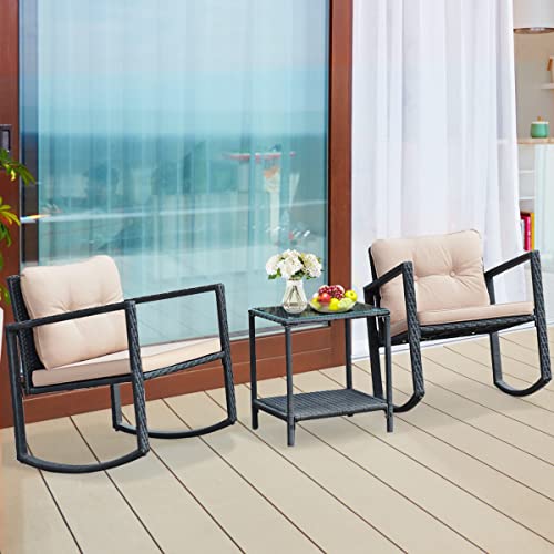 Acquire 3 PC Patio Rattan Conversation Set Rocking Chair Cushioned Sofa Garden Furniture