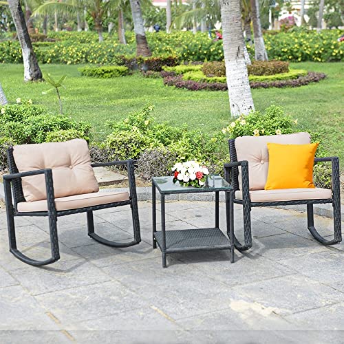 Acquire 3 PC Patio Rattan Conversation Set Rocking Chair Cushioned Sofa Garden Furniture