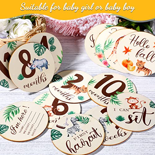 16 Pieces Wooden Baby Monthly Milestone Cards Jungle Animal Baby Monthly Milestone Marker Discs Double Sided Safari Animal Wooden Circles Baby Months Signs for Baby Shower Newborn Photo Props