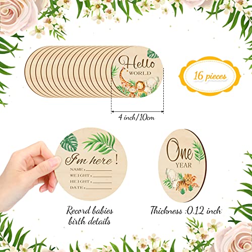 16 Pieces Wooden Baby Monthly Milestone Cards Jungle Animal Baby Monthly Milestone Marker Discs Double Sided Safari Animal Wooden Circles Baby Months Signs for Baby Shower Newborn Photo Props