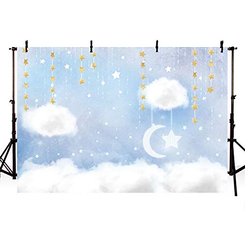 MEHOFOTO Blue and White Cloud Photo Studio Backdrop Props Prince Birthday Boy Baby Shower Party Decorations Hanging Gold Stars Twinkle Twinkle Little Stars Photography Background Banner 7x5ft