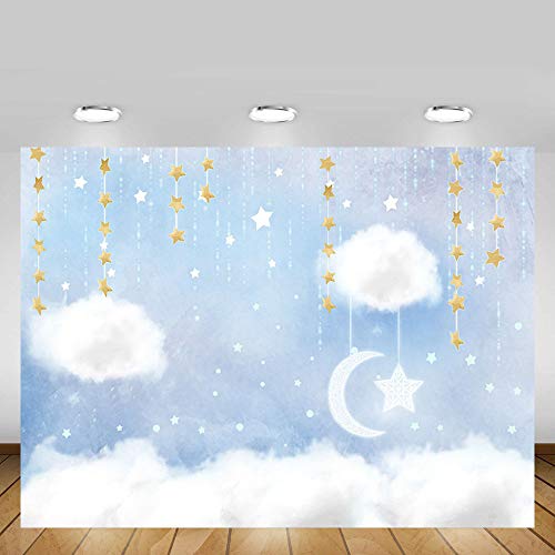 MEHOFOTO Blue and White Cloud Photo Studio Backdrop Props Prince Birthday Boy Baby Shower Party Decorations Hanging Gold Stars Twinkle Twinkle Little Stars Photography Background Banner 7x5ft