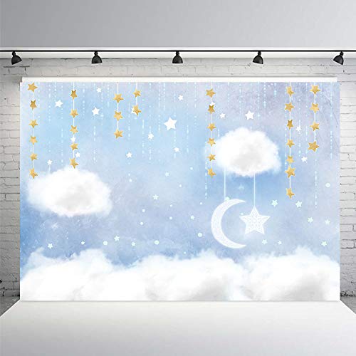 MEHOFOTO Blue and White Cloud Photo Studio Backdrop Props Prince Birthday Boy Baby Shower Party Decorations Hanging Gold Stars Twinkle Twinkle Little Stars Photography Background Banner 7x5ft