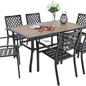 PHI VILLA 7-Piece Metal Outdoor Patio Furniture 37.4" x 59.8" Wood Like Rectangular Dining Table and Chairs Set for Ourdoor Backyard Lawn Garden, Black