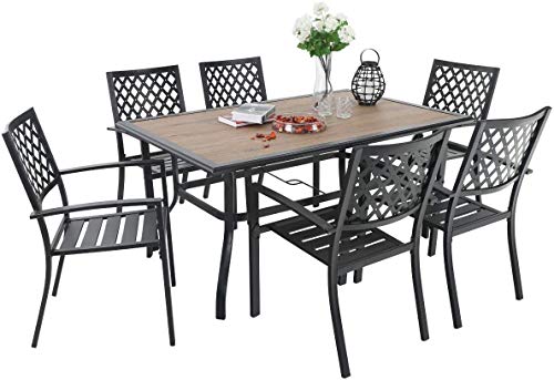 PHI VILLA 7-Piece Metal Outdoor Patio Furniture 37.4" x 59.8" Wood Like Rectangular Dining Table and Chairs Set for Ourdoor Backyard Lawn Garden, Black