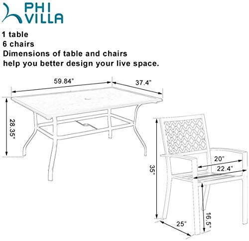 PHI VILLA 7-Piece Metal Outdoor Patio Furniture 37.4" x 59.8" Wood Like Rectangular Dining Table and Chairs Set for Ourdoor Backyard Lawn Garden, Black