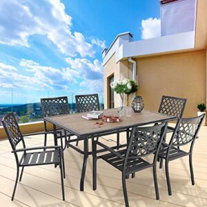 PHI VILLA 7-Piece Metal Outdoor Patio Furniture 37.4" x 59.8" Wood Like Rectangular Dining Table and Chairs Set for Ourdoor Backyard Lawn Garden, Black