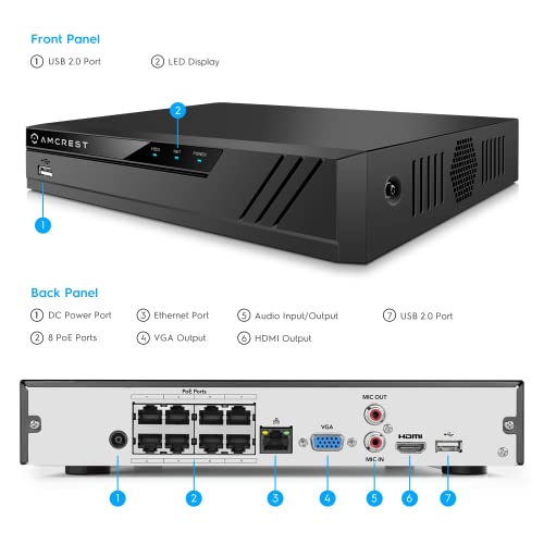 Amcrest 4K 8CH POE NVR (1080p/3MP/4MP/5MP/8MP) POE Network Video Recorder - Supports up to 8 x 8MP/4K IP Cameras, 8-Channel Power Over Ethernet Pre-Installed 2TB Hard Drive (NV4108E-2TB)