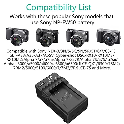 NP-FW50 Battery Charger, LP Charger Compatible with Sony Alpha A6000, A6400, A6100, A6300, A6500, A5100, A7, A7 II, A7R, A7R II, A7R2, A7S, A7S II, A7S2, A5000, A3000, A55, RX10, NEX-3/5/7 Series