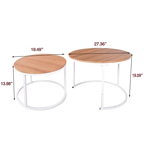 Round Nesting Coffee Table Modern Nesting Side Set of 2 End Table, for Living Room Balcony Garden, etc,Round Wooden Accent Coffee Table with Solid Powder-Coated Metal Frame (Teak)