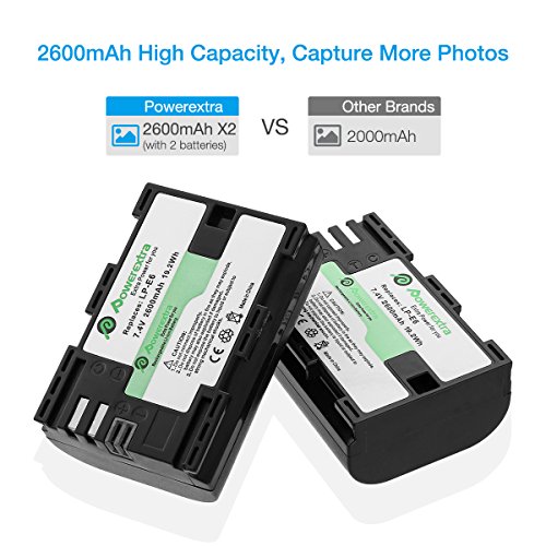 Powerextra 2 Pack Replacement Canon LP-E6, LP-E6N Battery for Canon C700, XC15, EOS 60D, 70D, 80D, 5D Mark II III and IV, 5DS, 5DS R, 6D, 7D Cameras BG-E14, BG-E13, BG-E11, BG-E9, BG-E7, BG-E6 Grips