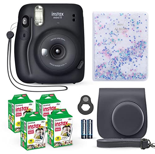 Fujifilm Instax Mini 11 Instant Camera Charcoal Gray + Fuji Film Value Pack (40 Sheets) + Shutter Accessories Bundle, Incl Compatible Carrying Case, Selfie Lens, Quicksand Beads Photo Album 64 Pockets