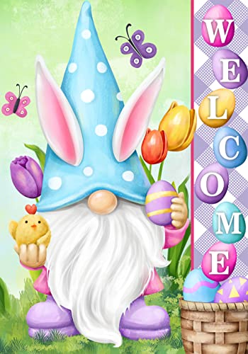 Texupday Welcome Bunny Gnome Easter Eggs Tulips Decoration Easter Spring Holiday House Flag Outdoor Yard Flag 28" x 40"