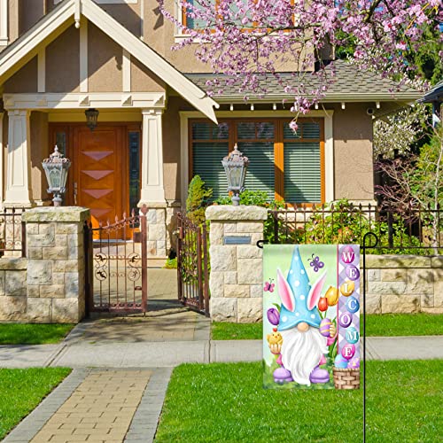 Texupday Welcome Bunny Gnome Easter Eggs Tulips Decoration Easter Spring Holiday House Flag Outdoor Yard Flag 28" x 40"