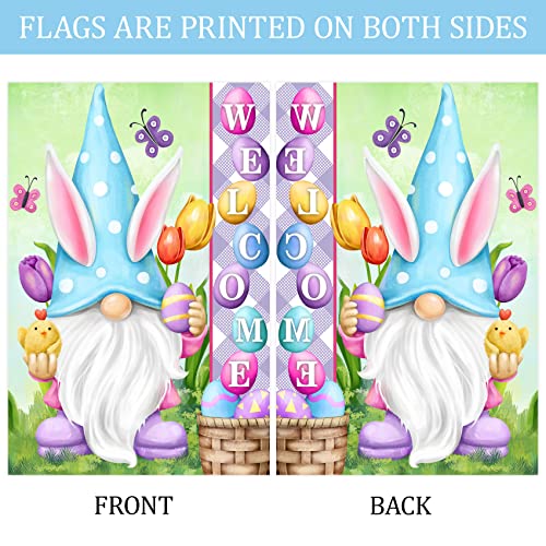 Texupday Welcome Bunny Gnome Easter Eggs Tulips Decoration Easter Spring Holiday House Flag Outdoor Yard Flag 28" x 40"