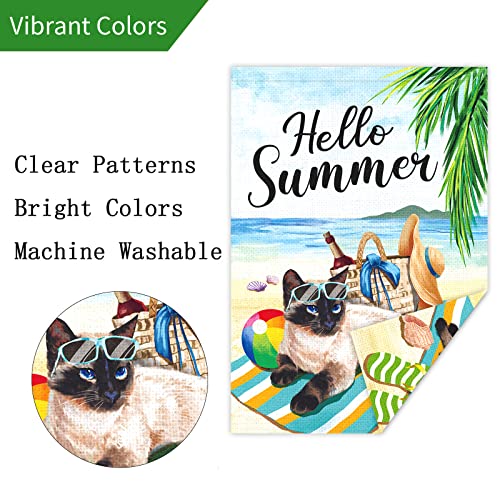 Louise Maelys Hello Summer Garden Flags 12x18 Double Sided, Burlap Welcome Summer Beach Cat Garden Yard House Flag Banner Vertical for Outside Seasonal Outdoor Decoration (ONLY FLAG)