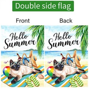 Louise Maelys Hello Summer Garden Flags 12x18 Double Sided, Burlap Welcome Summer Beach Cat Garden Yard House Flag Banner Vertical for Outside Seasonal Outdoor Decoration (ONLY FLAG)