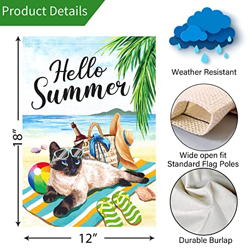 Louise Maelys Hello Summer Garden Flags 12x18 Double Sided, Burlap Welcome Summer Beach Cat Garden Yard House Flag Banner Vertical for Outside Seasonal Outdoor Decoration (ONLY FLAG)