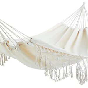 Outdoor Hammock 2 Person Large Brazilian Hammocks Canvas Cotton Indoor Hammock for Bedroom Patio Porch Garden Backyard Lounging Outdoor w/Handwoven Macramé Fringe Tassels