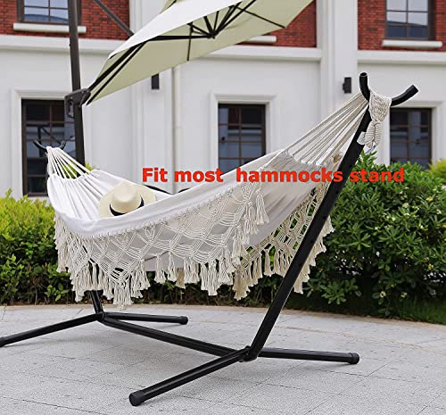 Outdoor Hammock 2 Person Large Brazilian Hammocks Canvas Cotton Indoor Hammock for Bedroom Patio Porch Garden Backyard Lounging Outdoor w/Handwoven Macramé Fringe Tassels