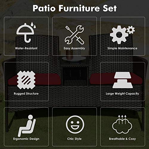 Tangkula Outdoor Rattan Loveseat, Patio Conversation Set with Cushions & Table, Modern Patio Furniture Set Wicker Sofa Set with Built-in Coffee Table, Rattan Sofas for Garden Lawn Backyard