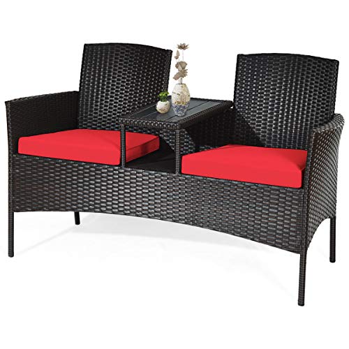 Tangkula Outdoor Rattan Loveseat, Patio Conversation Set with Cushions & Table, Modern Patio Furniture Set Wicker Sofa Set with Built-in Coffee Table, Rattan Sofas for Garden Lawn Backyard