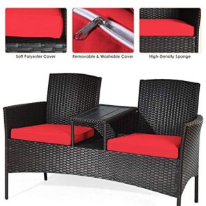 Tangkula Outdoor Rattan Loveseat, Patio Conversation Set with Cushions & Table, Modern Patio Furniture Set Wicker Sofa Set with Built-in Coffee Table, Rattan Sofas for Garden Lawn Backyard