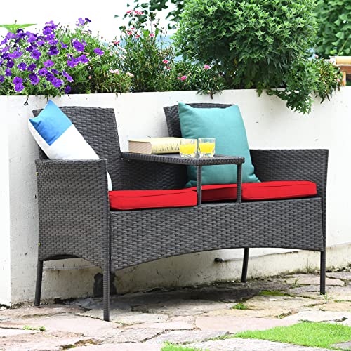 Tangkula Outdoor Rattan Loveseat, Patio Conversation Set with Cushions & Table, Modern Patio Furniture Set Wicker Sofa Set with Built-in Coffee Table, Rattan Sofas for Garden Lawn Backyard