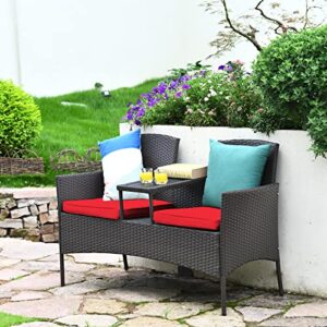 Tangkula Outdoor Rattan Loveseat, Patio Conversation Set with Cushions & Table, Modern Patio Furniture Set Wicker Sofa Set with Built-in Coffee Table, Rattan Sofas for Garden Lawn Backyard