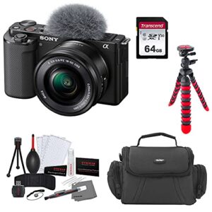 sony zv-e10 mirrorless camera with 16-50mm lens (black) with transcend 64gb memory card + flexible tripod + camera bag + cleaning kit bundle