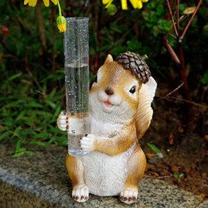 FORUP Resin Squirrel Rain Gauges, Resin Squirrel Garden Statue with a Plastic Rain Gauge, Hand Painted Squirrel Sculpture Water Gauge for Rain