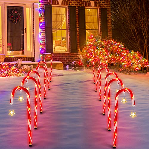 [ Solar & Timer ] 12 Pack Christmas Candy Cane Pathway Lights Markers, Total 96 LED Waterproof Christmas Decorations Outdoor 13.5 Inch Christmas Stakes Light up Candy Cane Walkway Outside Garden Yard