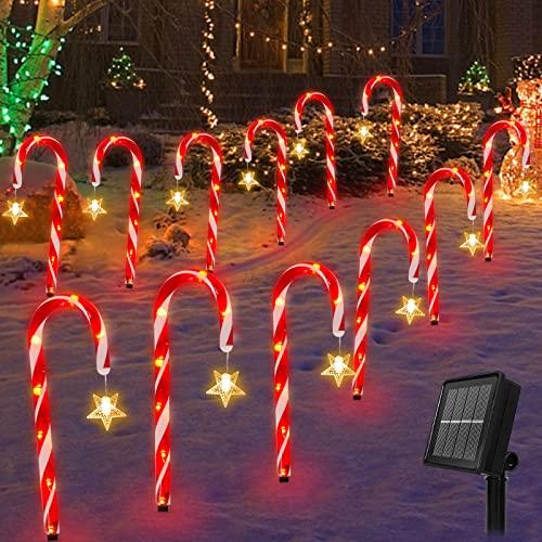 [ Solar & Timer ] 12 Pack Christmas Candy Cane Pathway Lights Markers, Total 96 LED Waterproof Christmas Decorations Outdoor 13.5 Inch Christmas Stakes Light up Candy Cane Walkway Outside Garden Yard