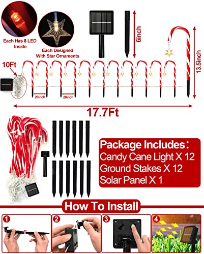 [ Solar & Timer ] 12 Pack Christmas Candy Cane Pathway Lights Markers, Total 96 LED Waterproof Christmas Decorations Outdoor 13.5 Inch Christmas Stakes Light up Candy Cane Walkway Outside Garden Yard