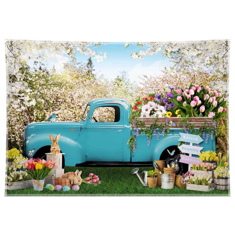 Swepuck 7x5ft Spring Easter Truck Photography Backdrop Floral Bunny Eggs Grass Garden Forest Party Decorations Portrait Photo Booth Banner