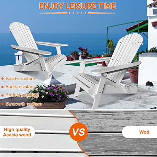 Adirondack Chair Weather Resistant Patio Chairs Folding Outdoor Chair w/Long Arms Solid Wooden Heavy Duty Reclining Fire Pit Chair for Deck, Lawn, Backyard, Garden Set of 2- White