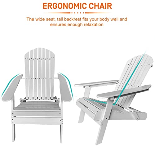 Adirondack Chair Weather Resistant Patio Chairs Folding Outdoor Chair w/Long Arms Solid Wooden Heavy Duty Reclining Fire Pit Chair for Deck, Lawn, Backyard, Garden Set of 2- White