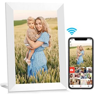 aeezo 10.1 inch wifi digital picture frame, ips touch screen smart cloud photo frame with 16gb storage, easy setup to share photos or videos via frameo app, auto-rotate, wall mountable (white)