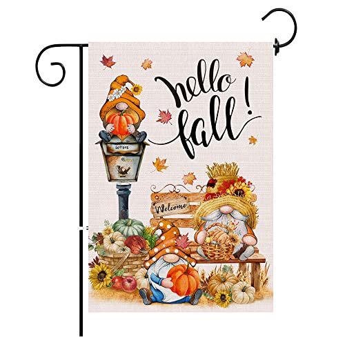 Teacenity Fall Outdoor Decorations, Hello Fall Garden Flag 12x18 Inch, Pumpkin Gnome Fall Decorations for Home, Seasonal Farmhouse Fall Outdoor Decorations…