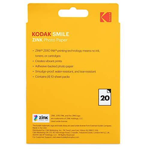 Kodak 3.5x4.25 inch Premium Zink Print Photo Paper (20 Sheets) Compatible with Kodak Smile Classic Instant Camera