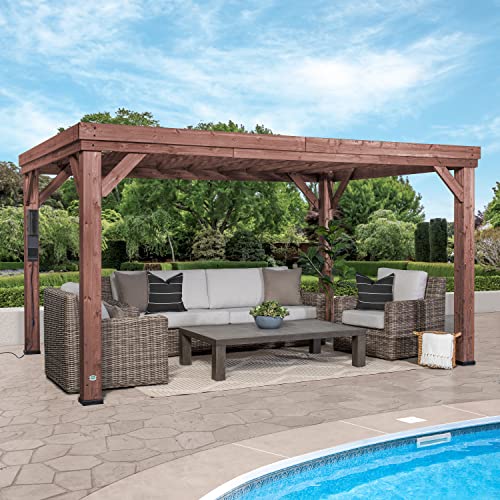 Backyard Discovery 14x10 Brockton All Cedar Pergola, Durable, Quality Supported Structure, Wind Resistant up to 100MPH, Rot Resistant, Electrical Outlet with USB, Deck, Garden, Patio