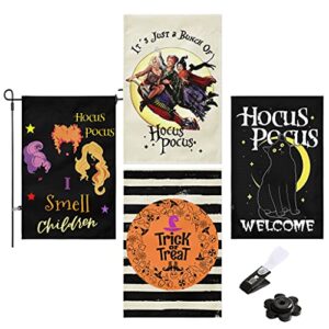 halloween hocus cat garden flags 12″x18″ set of 4 double sided burlap flags pocus trick or treat banners outdoor decorations for home lawn decor welcome flag